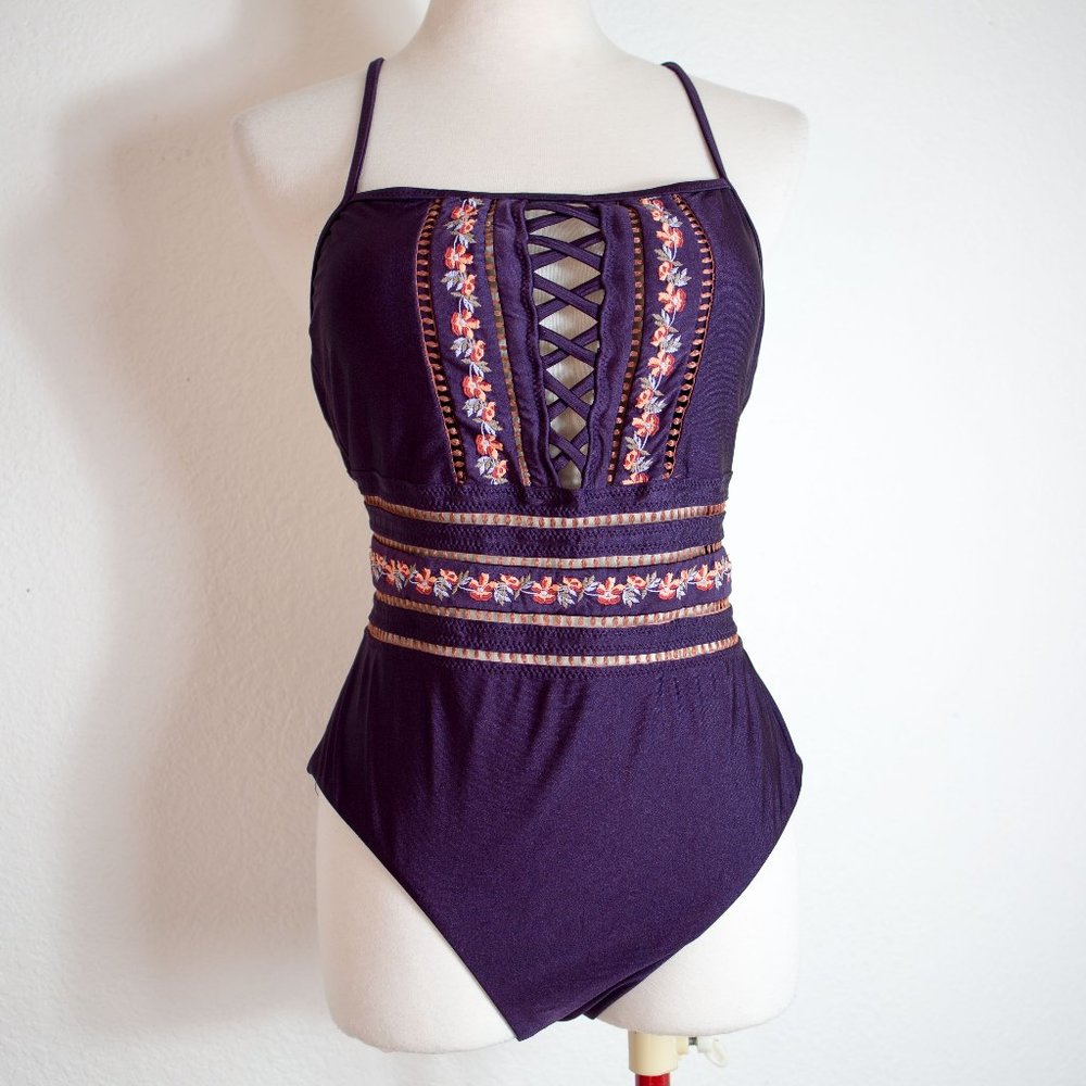 Becca Purple Floral Embroidered Open Back One Piece S… - Gem